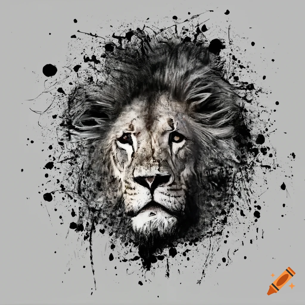 Dynamic black ink splatter lion artwork on white background on Craiyon