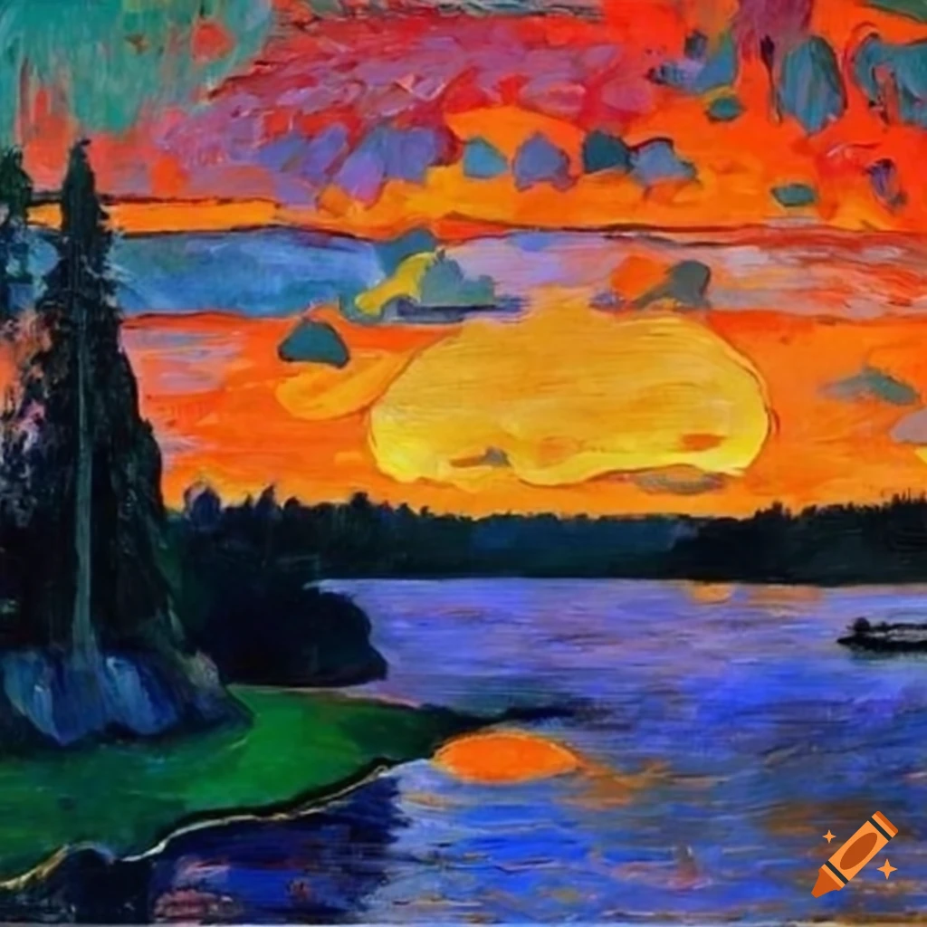 Sunset over a lake in finland, inspired by paul gauguin's fauvism oil ...
