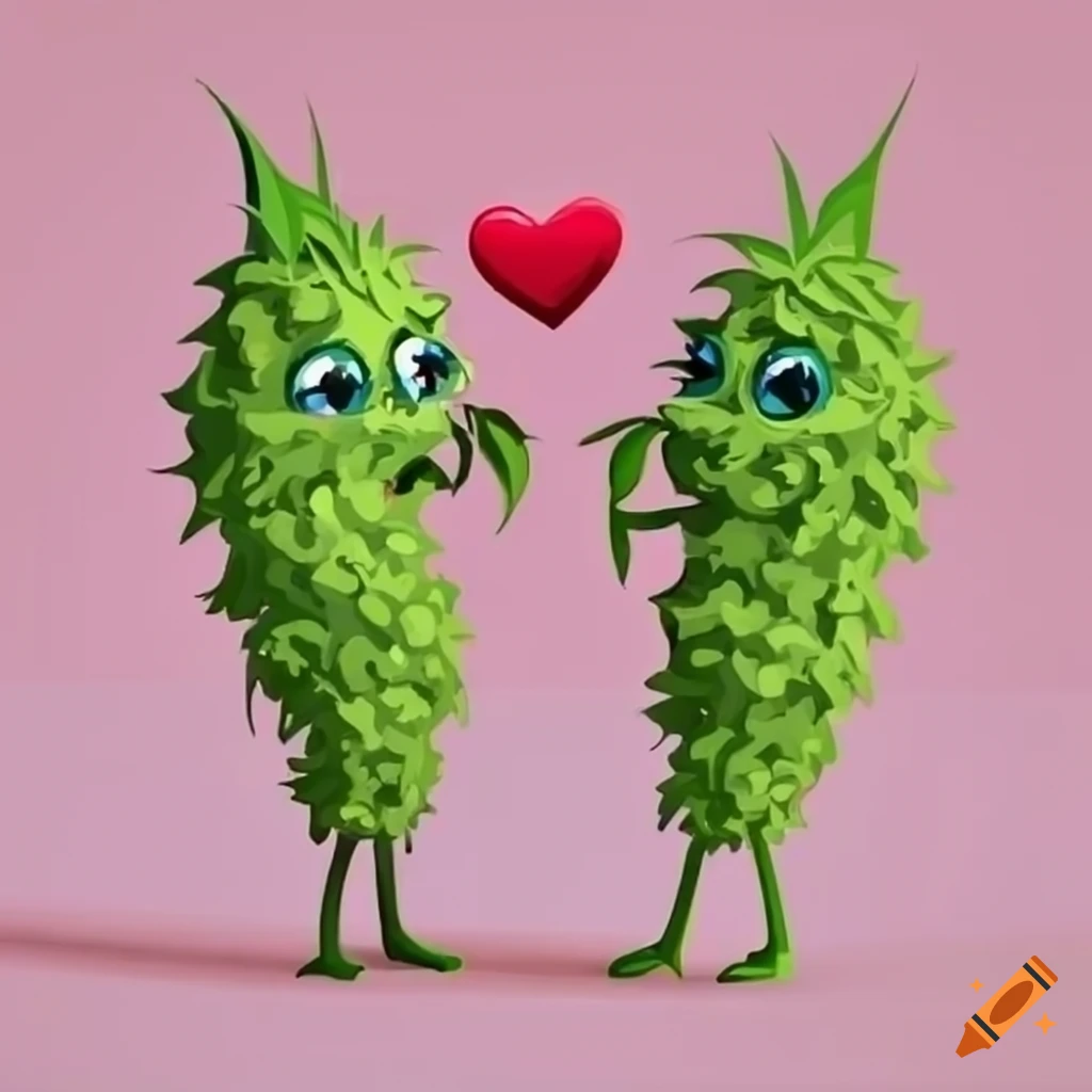Two cute cartoon marijuana buds in love on Craiyon