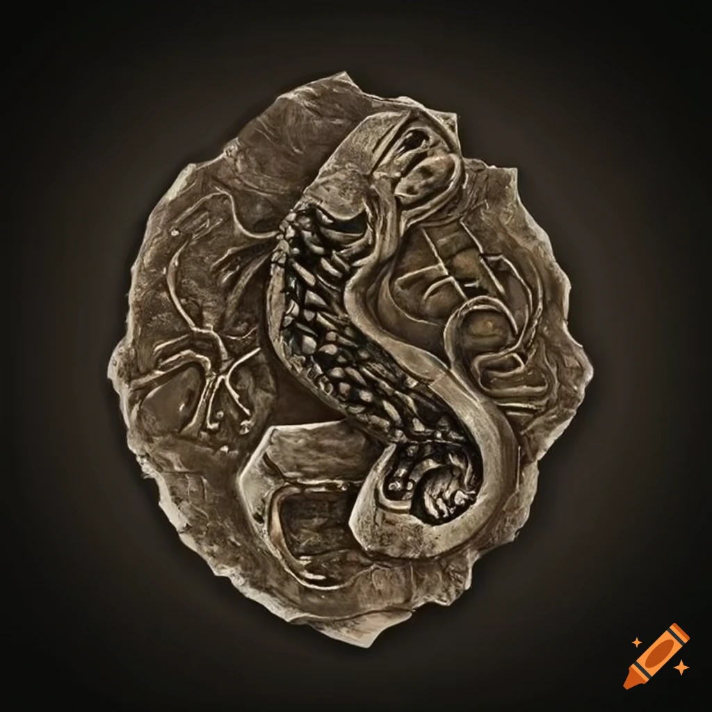 Fantasy-style broken stone emblem with engraved reptiles on Craiyon