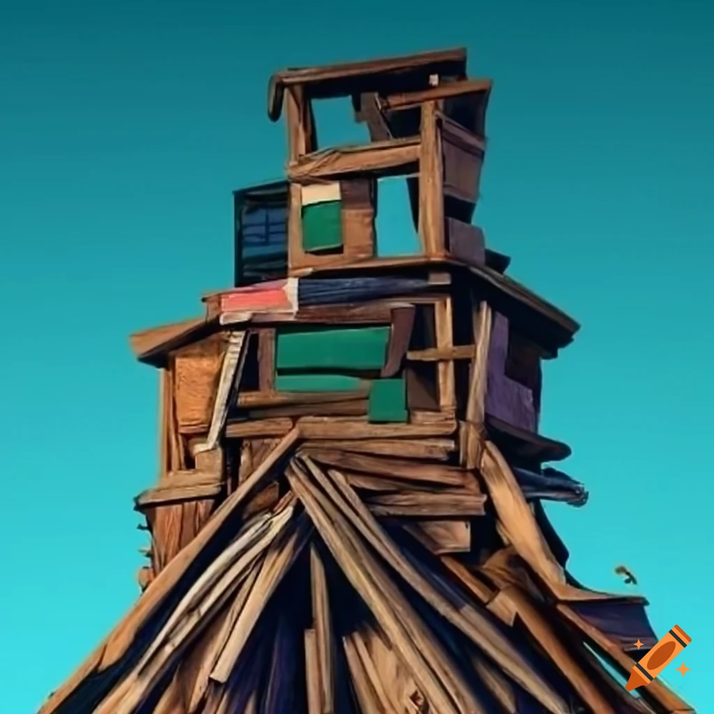 Whimsical tower made of everyday objects and animals piled up on Craiyon