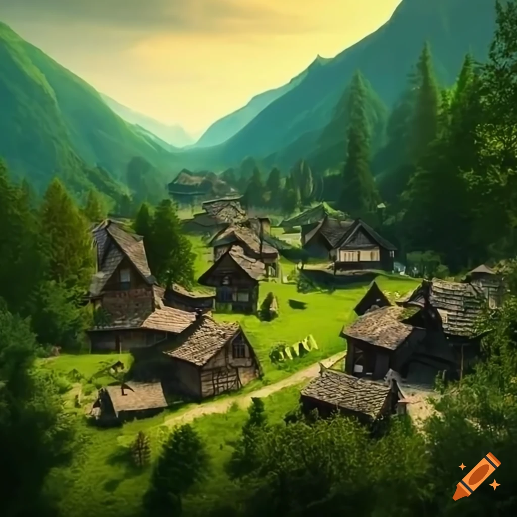 Crowded medieval wooden village in a fantasy setting surrounded by lush ...
