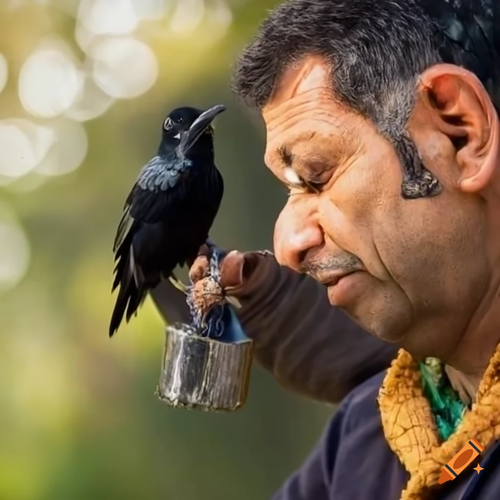 Persian man feeding crows in a garden on Craiyon