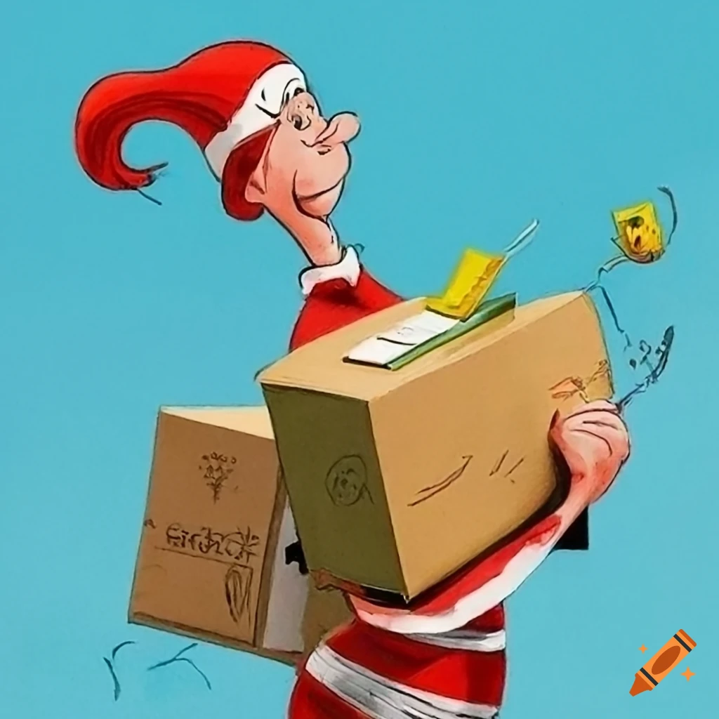 Colorful humorous book illustration of checking a delivered package on ...
