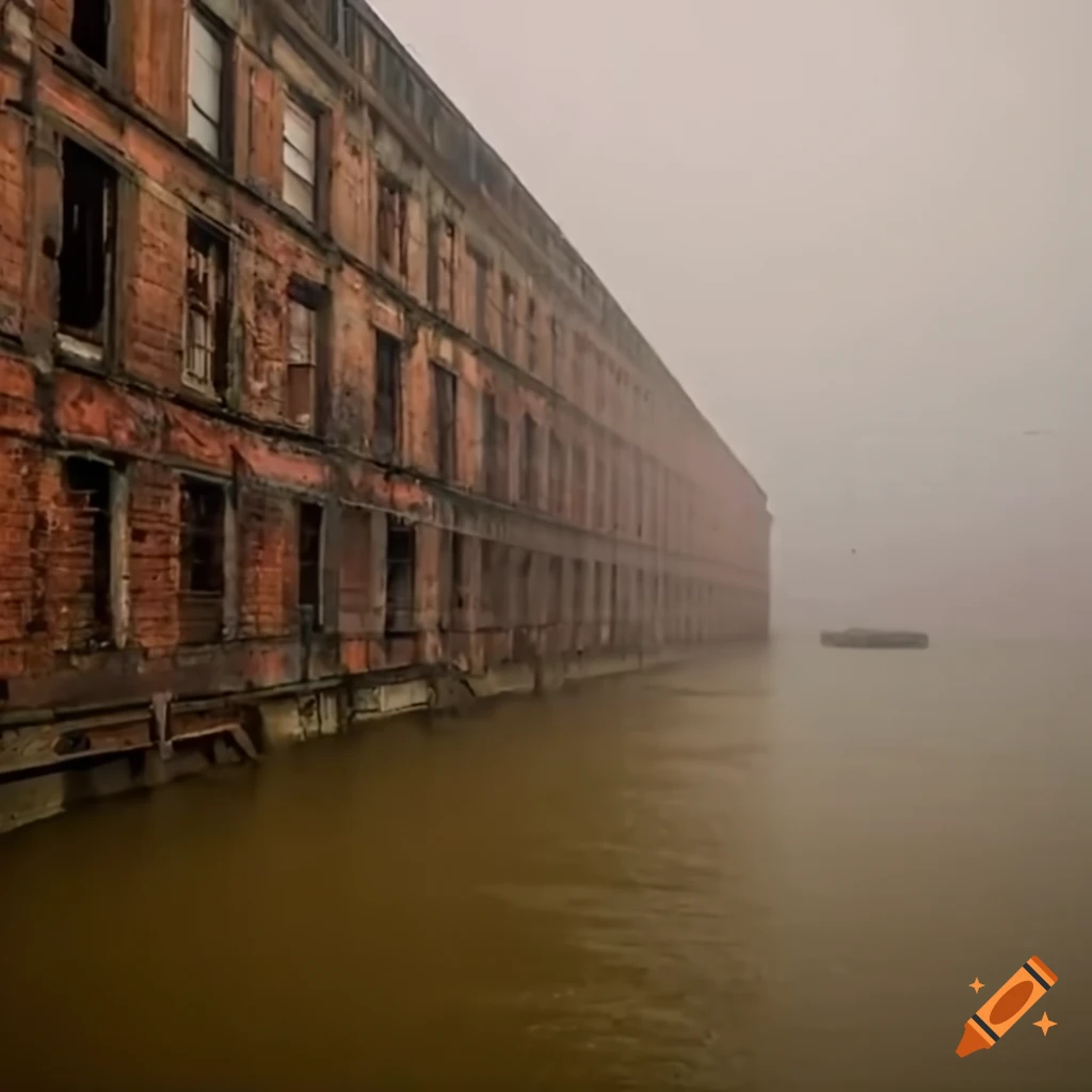 Abandoned victorian factory sinking into the ocean in a pale orange fog ...
