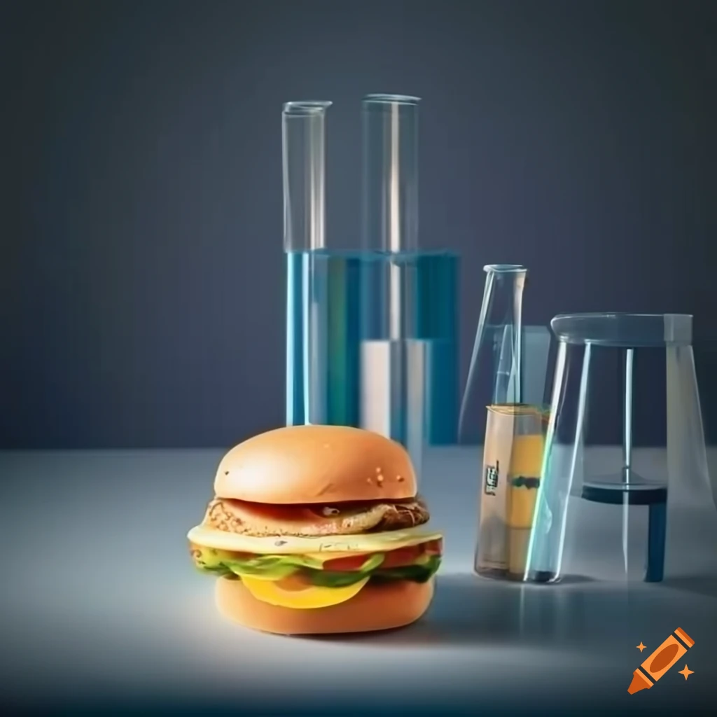 Illustration of fast food on a table and in test tubes in a laboratory ...