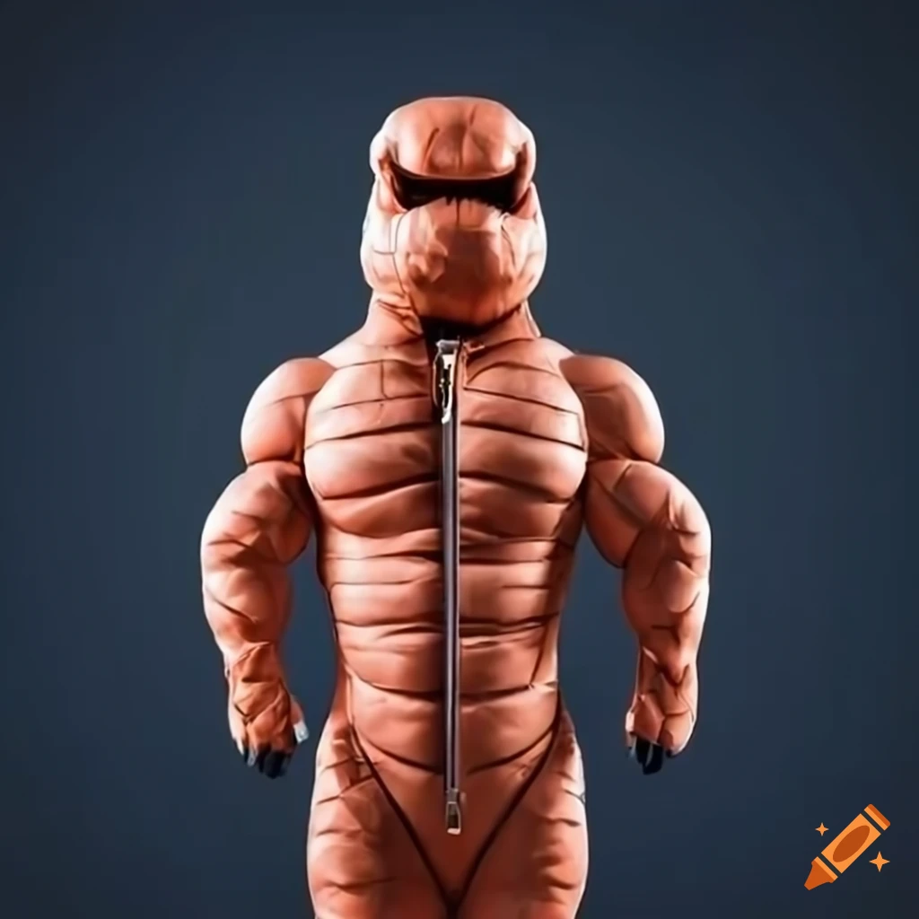 Man wearing a muscle-padded t-rex suit with mask zipper on Craiyon