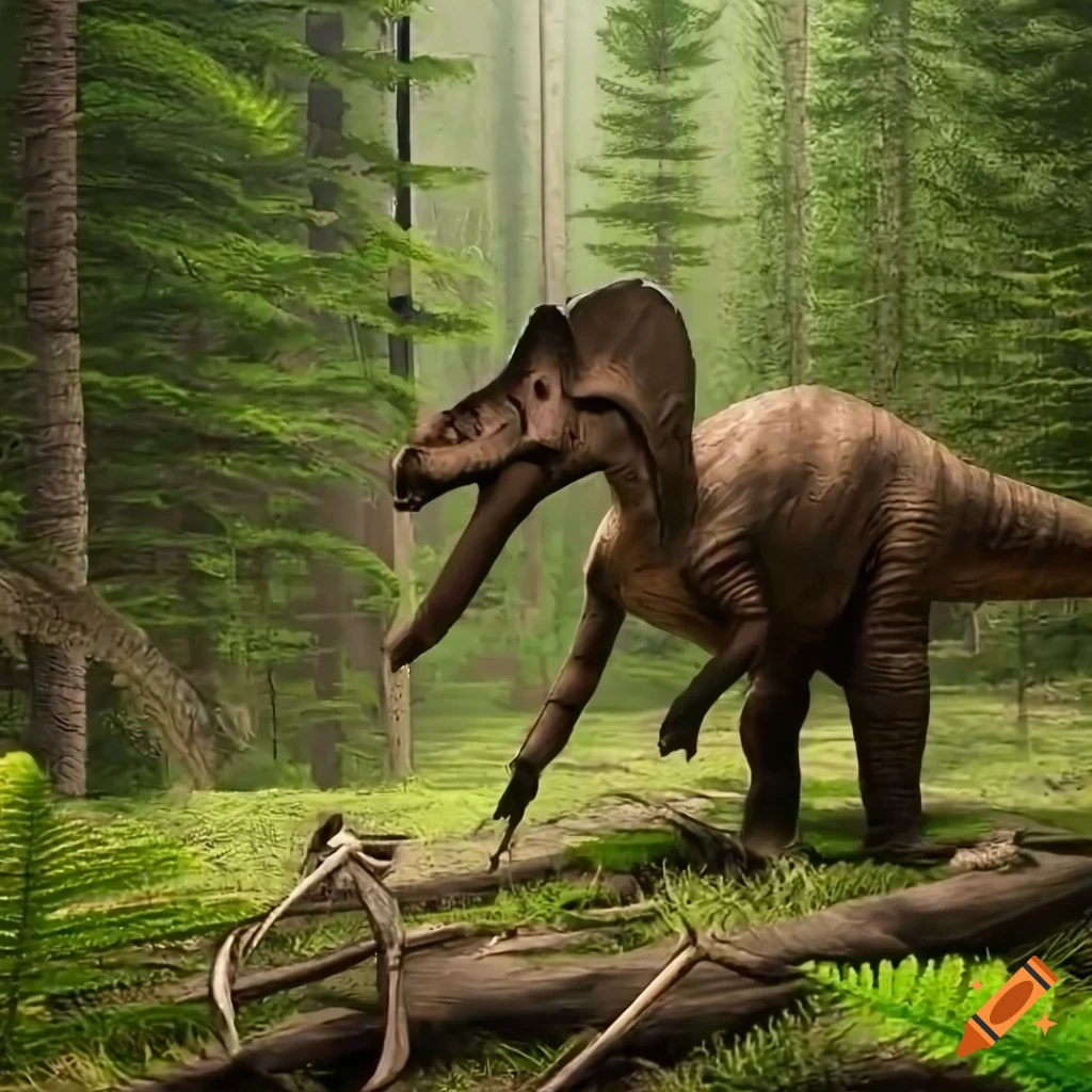 Two Realistic Hadrosaurus Dinosaurs In A British Columbia Forest