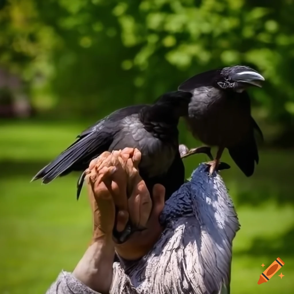 Persian man playing with crows in a garden on Craiyon