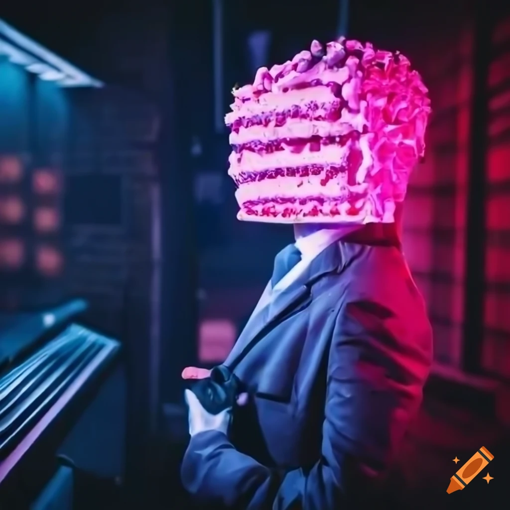 Futuristic detective with cake-shaped head in a neon-lit alleyway on ...