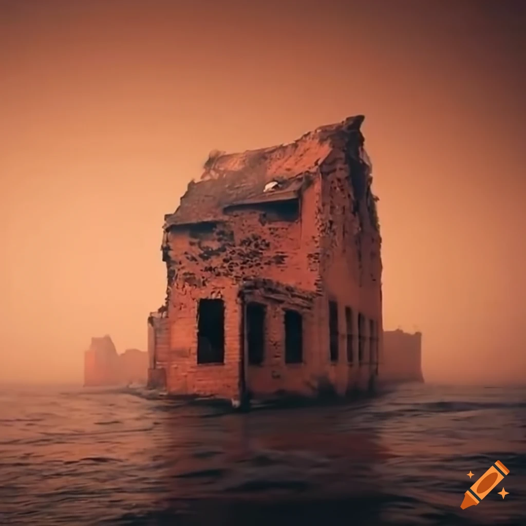 Close-up of abandoned brick buildings sinking into the ocean in a pale ...