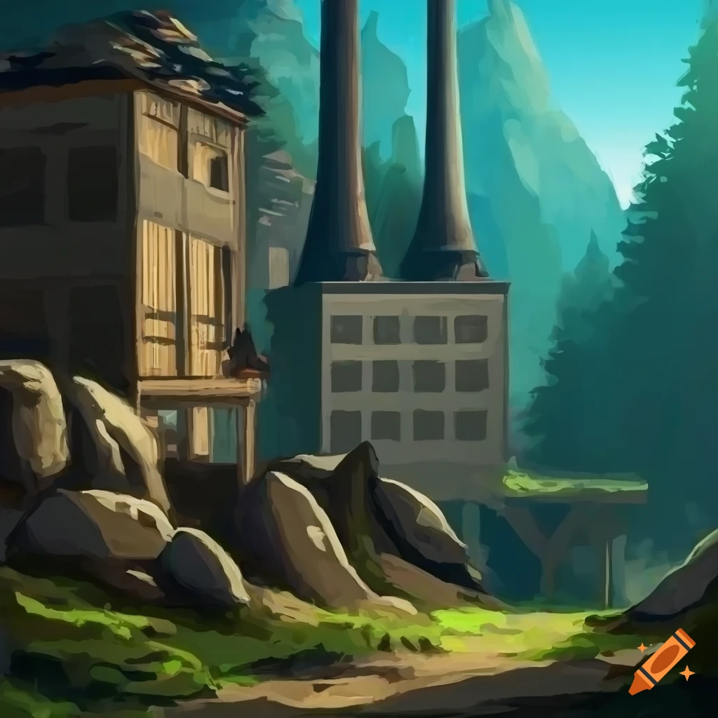 Factory in a forest near rocks in a digital paint artwork on Craiyon