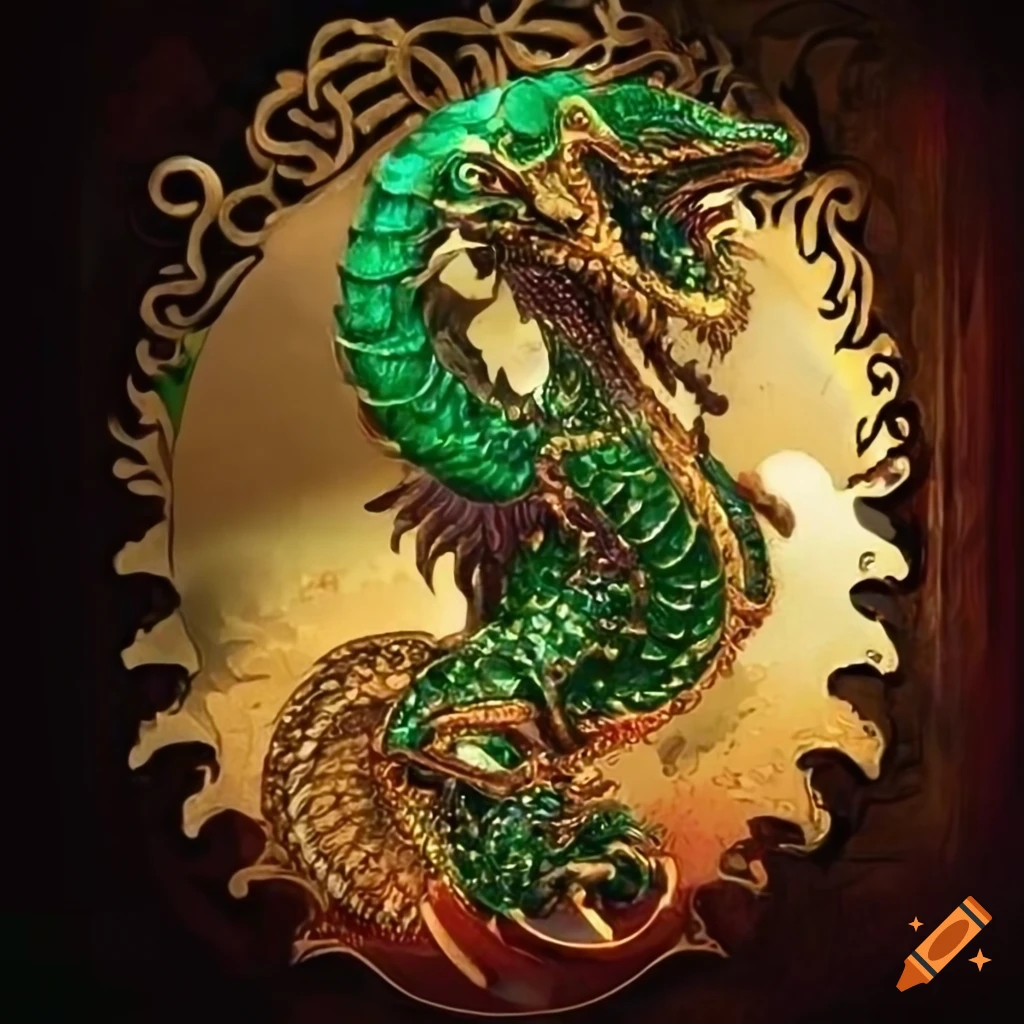 Green and gold bejeweled dragon wine label on Craiyon