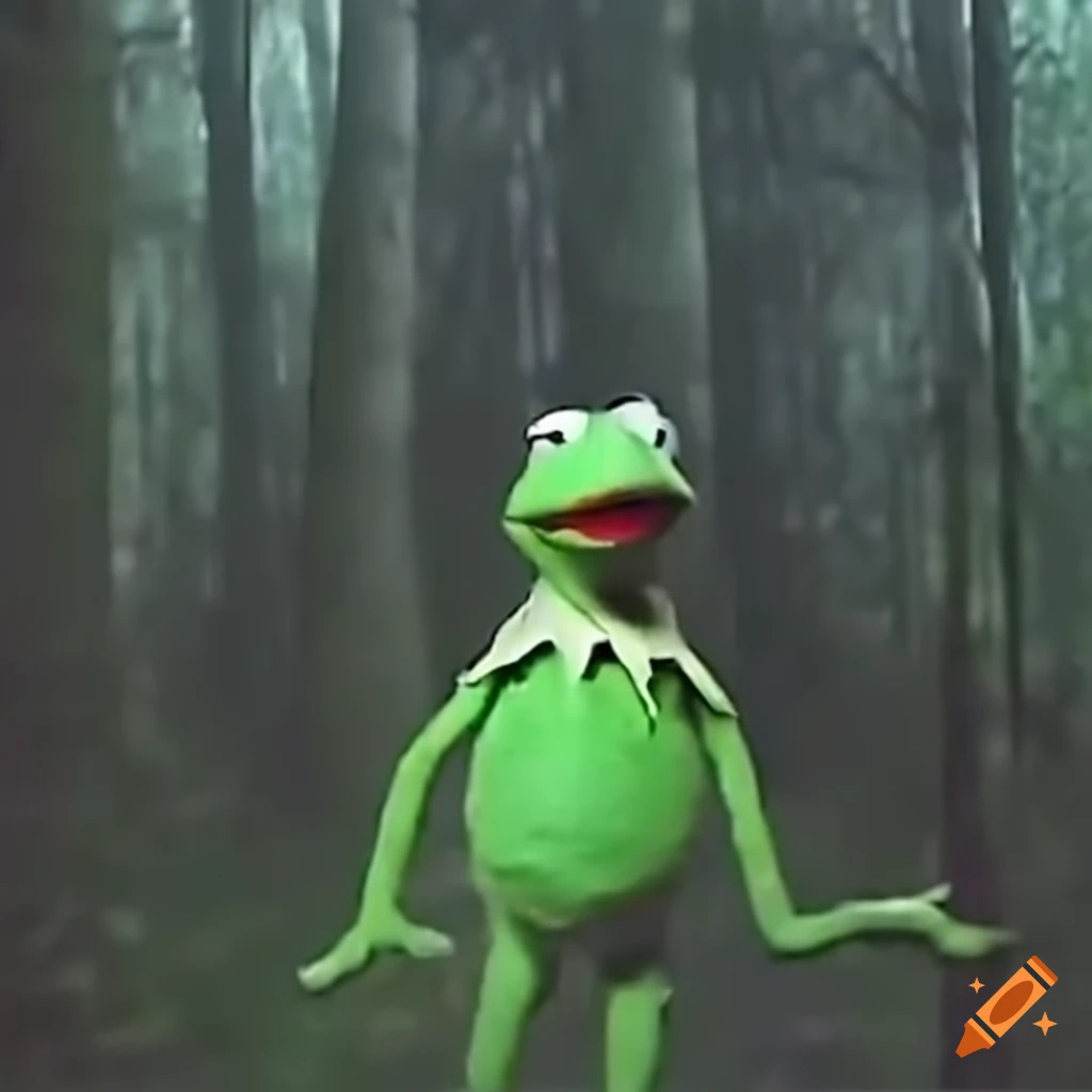 Creepy kermit the frog in a dark forest captured by night vision camera ...