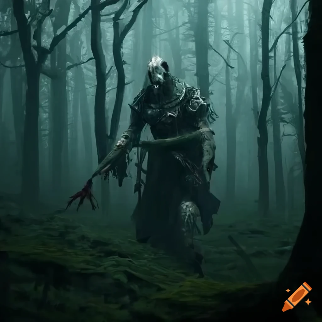 Undead warriors walking in a dark fantasy forest on Craiyon