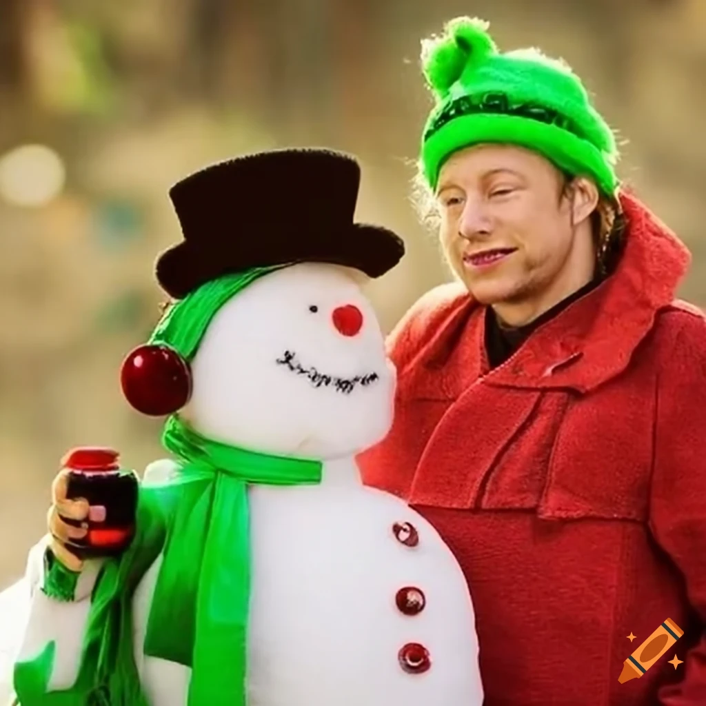 Jamie Oliver, a snowman, and a green alien drinking soda on Craiyon