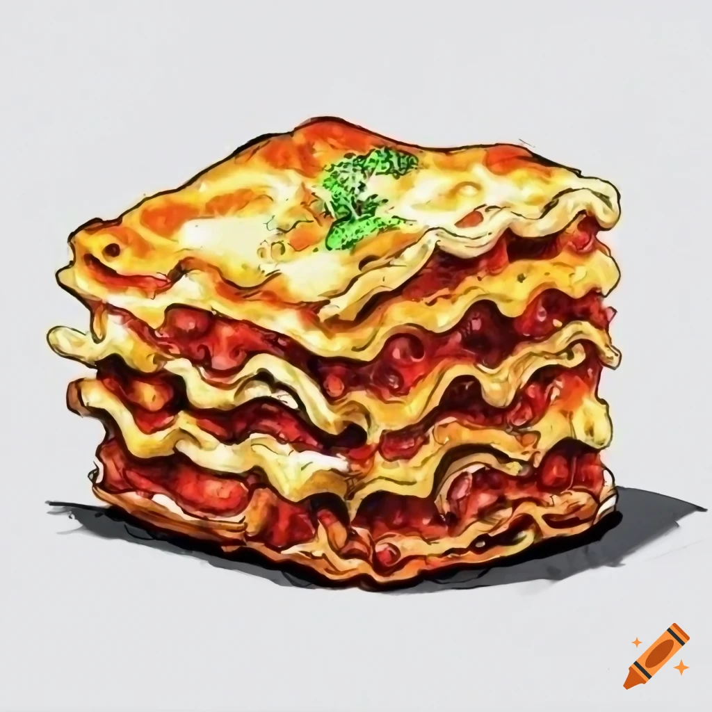 Lasagna drawing on a white background with crayon in a comic style on ...