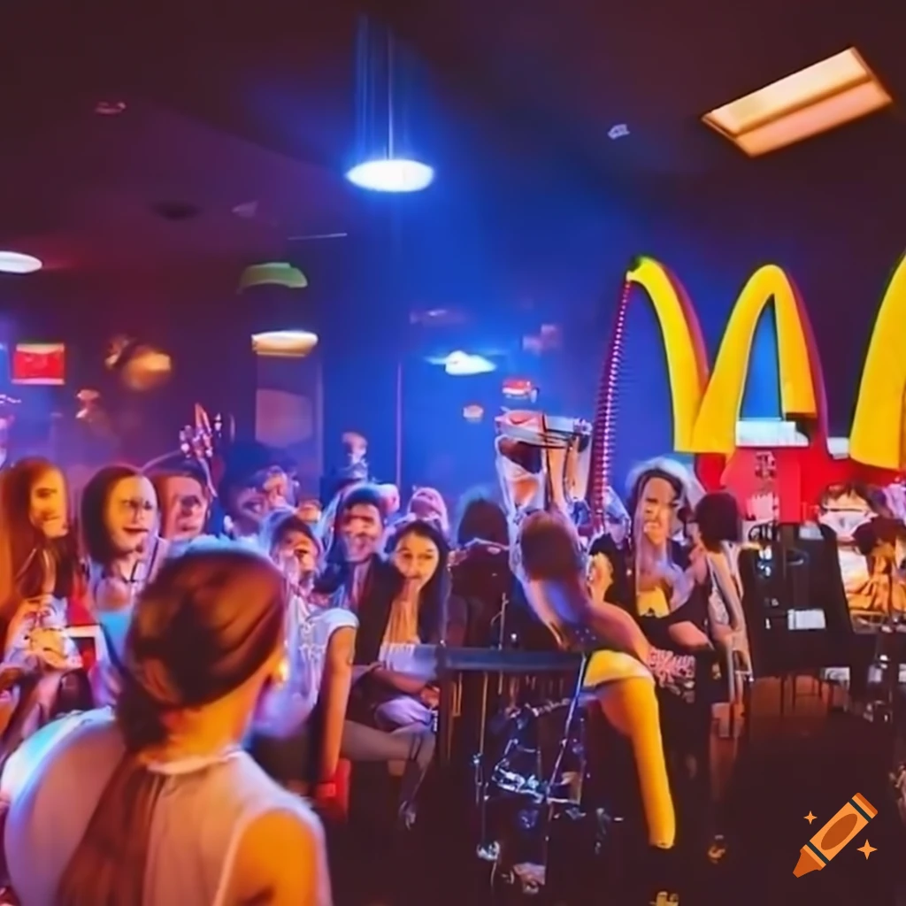 Live music showcase at McDonald's with a lively crowd on Craiyon
