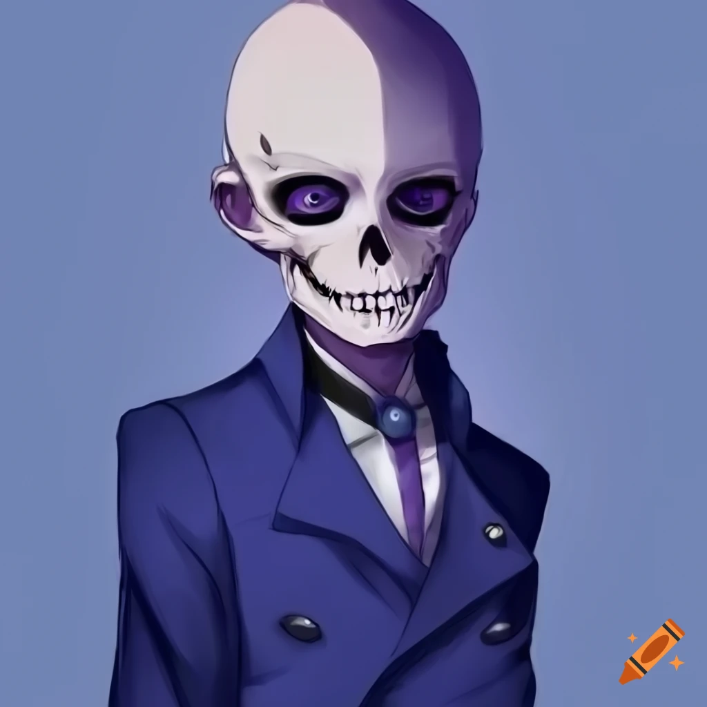 Handsome anime-style skeleton with flaming blue left eye, in blue coat ...