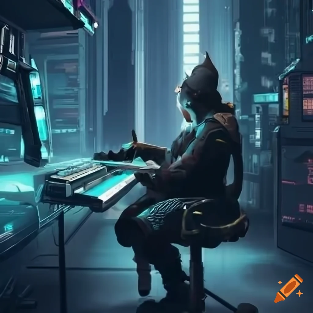 Sci-fi cyberpunk coder sitting and typing on keyboard on Craiyon
