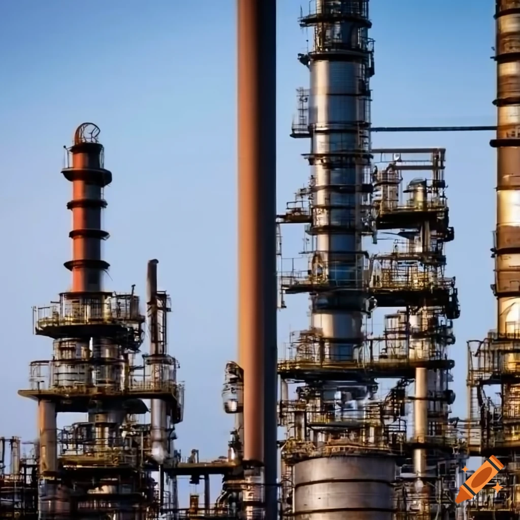 Closeup of a modern oil refinery complex with pipes and wires on Craiyon