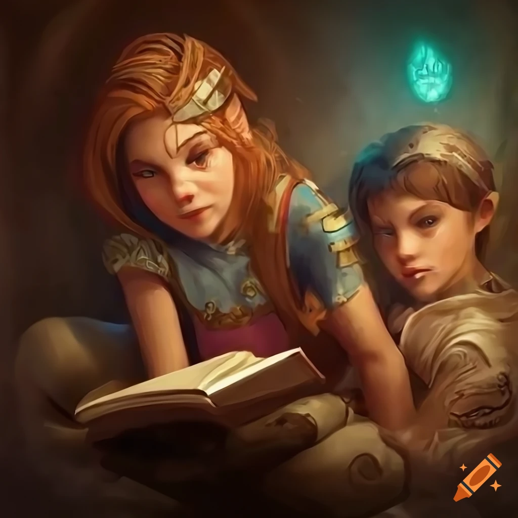 Children reading a story book in a magical fantasy setting on Craiyon