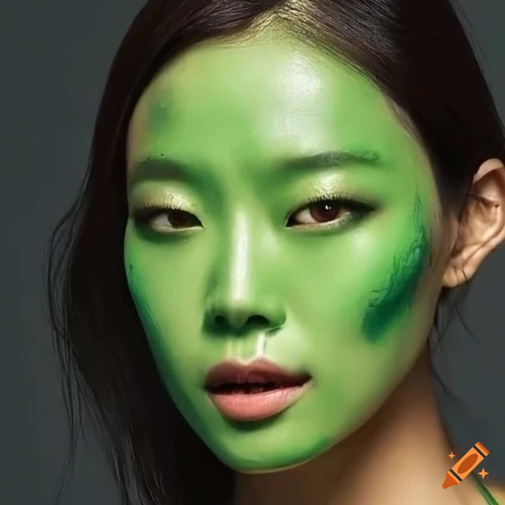 Claudia kim with green face paint like 'the mask' character on Craiyon