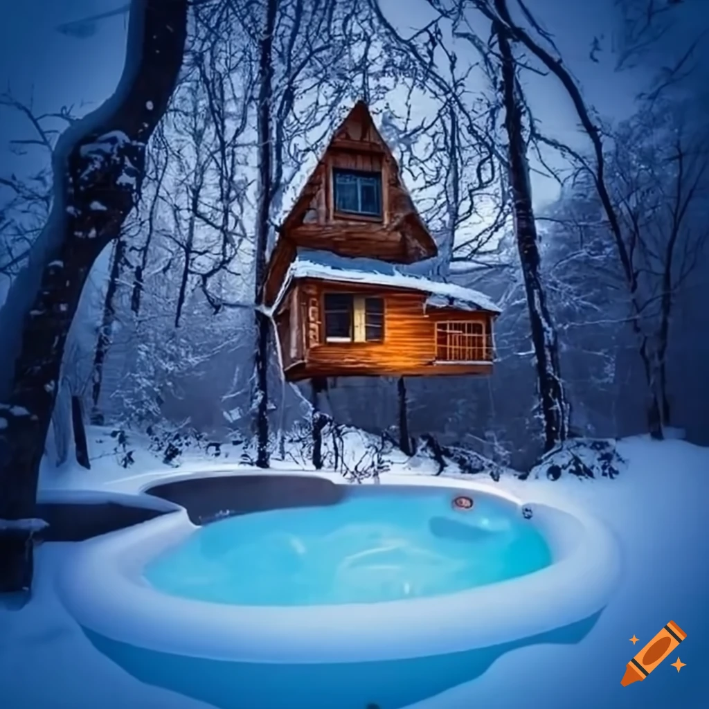 Treehouse with a jacuzzi in a winter setting on Craiyon