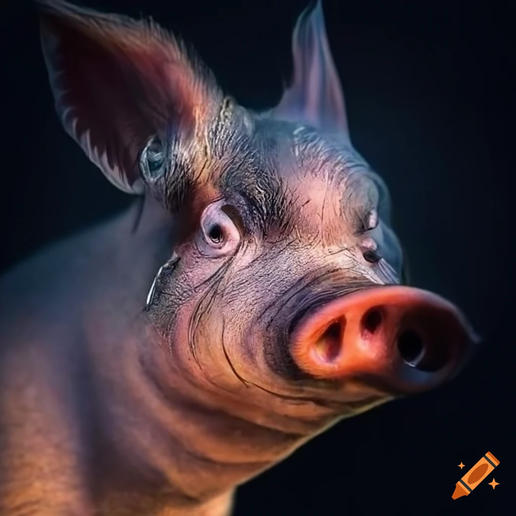 Pig face with septum piercing and flaming wings on Craiyon