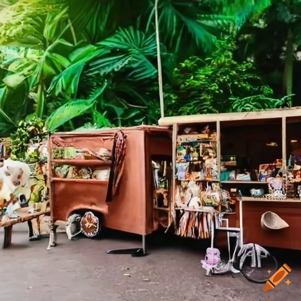 Mobile shop selling handicrafts in a tropical setting on Craiyon