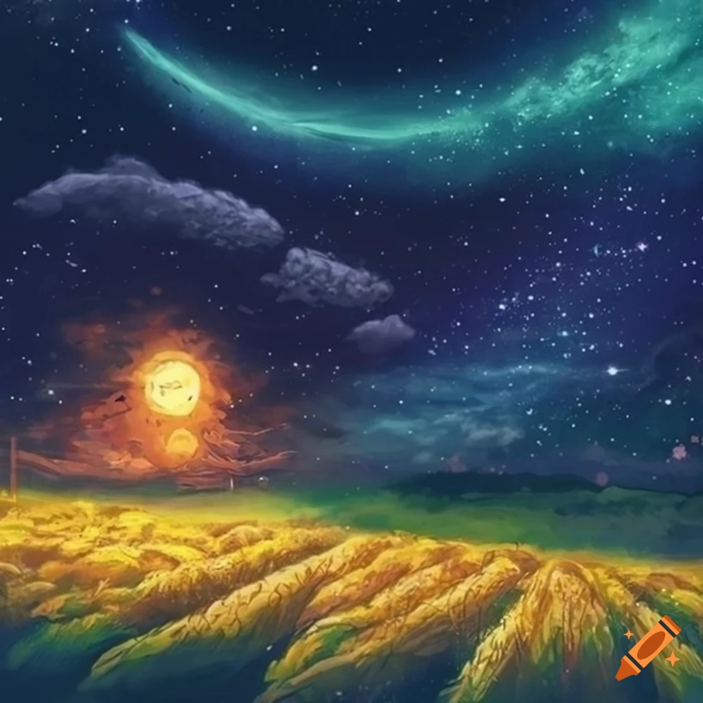 Cornfield under a starry night sky in studio ghibli style on Craiyon
