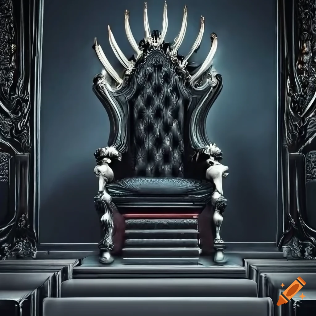 Wide-angle view of a lavish and modern throne room with an empty black ...