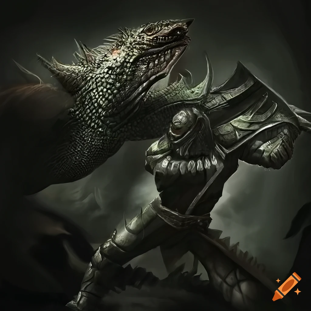 Lizard fighting a knight in a dark, mystical fantasy artwork on Craiyon