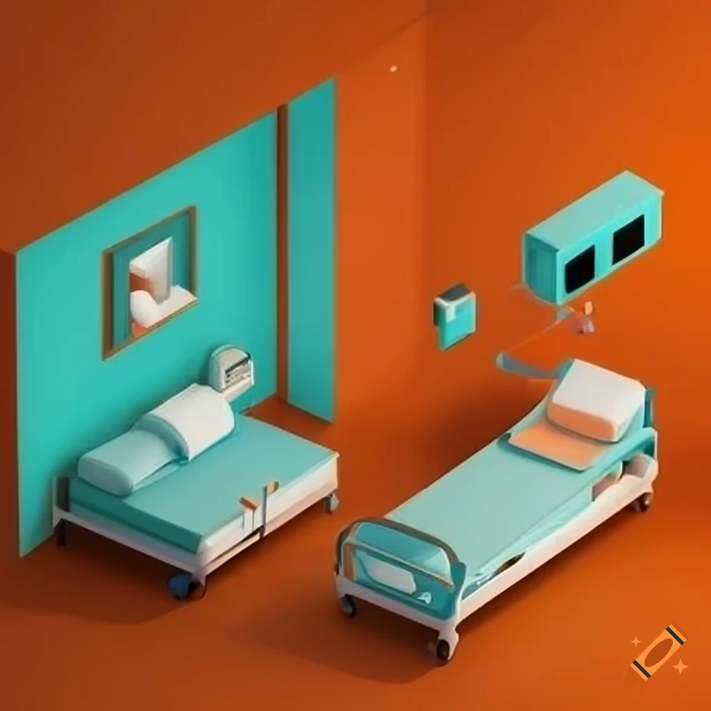 Isometric cozy cube hospital room with nurses and a patient in orange ...
