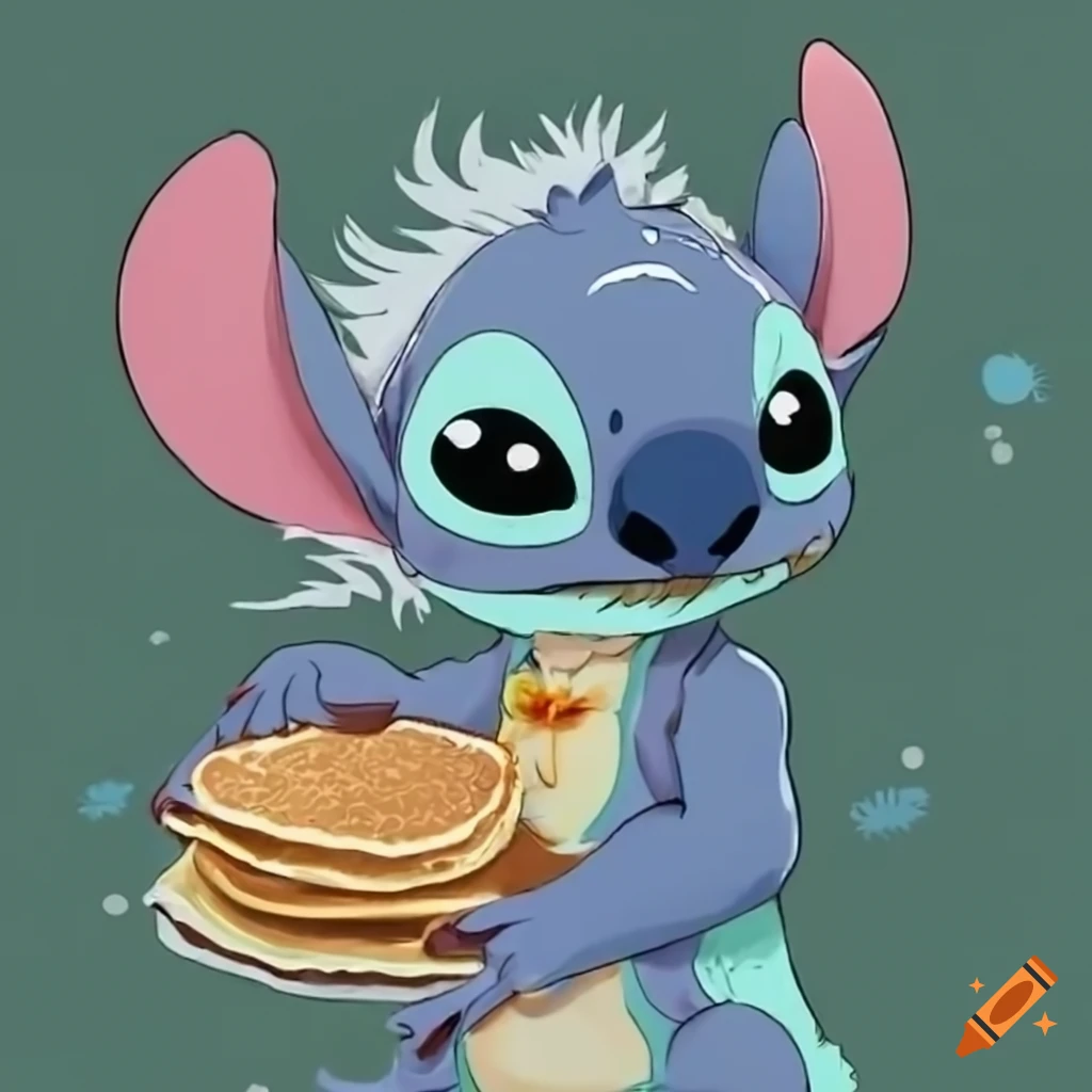 Stitch with white hair eating a pancake in a jungle forest on Craiyon