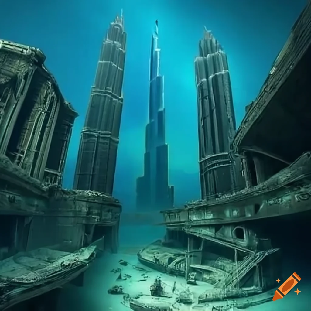 Sunken post-apocalyptic Burj Khalifa skyscraper ruins underwater on Craiyon