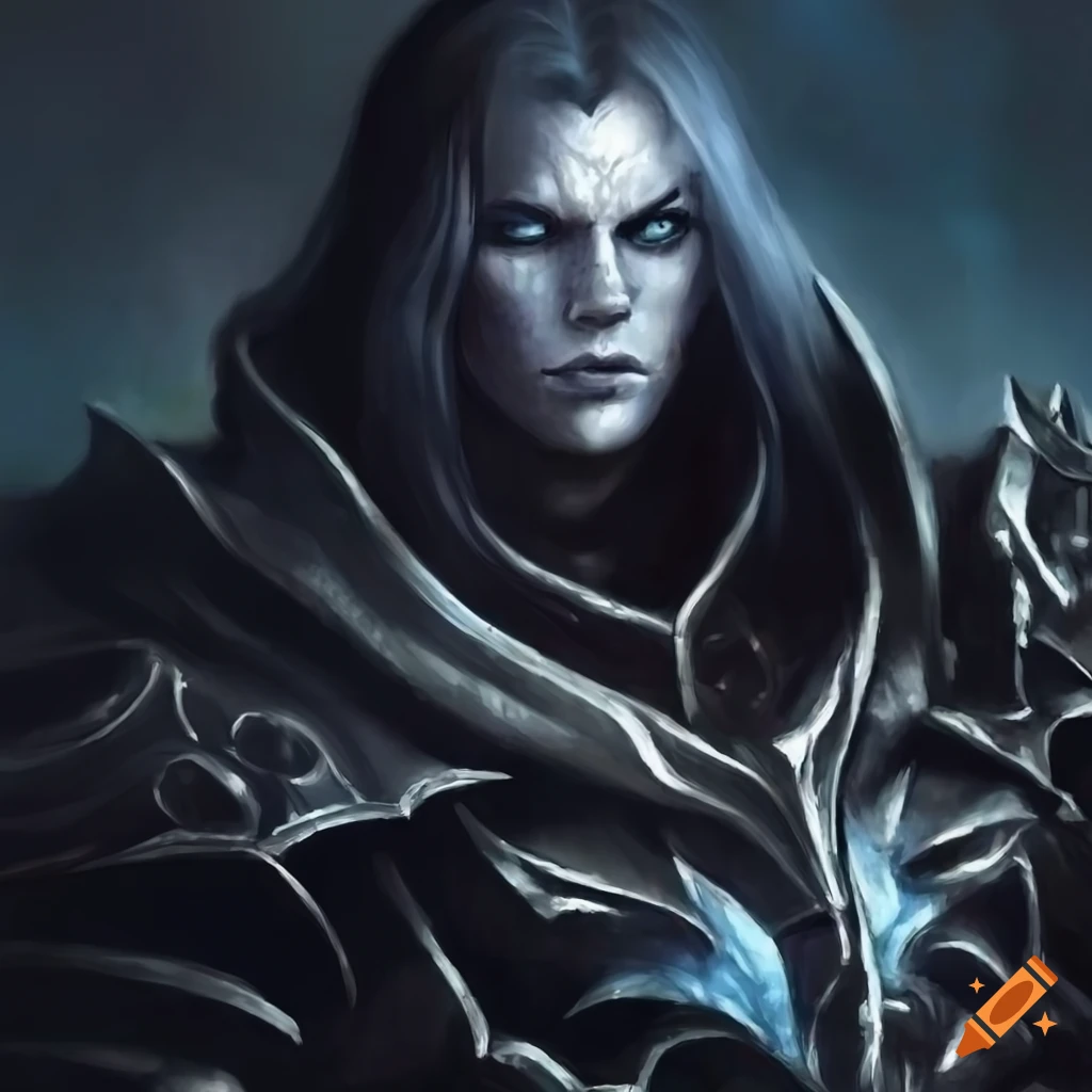 Realistic depiction of a dark knight with piercing blue eyes and long ...