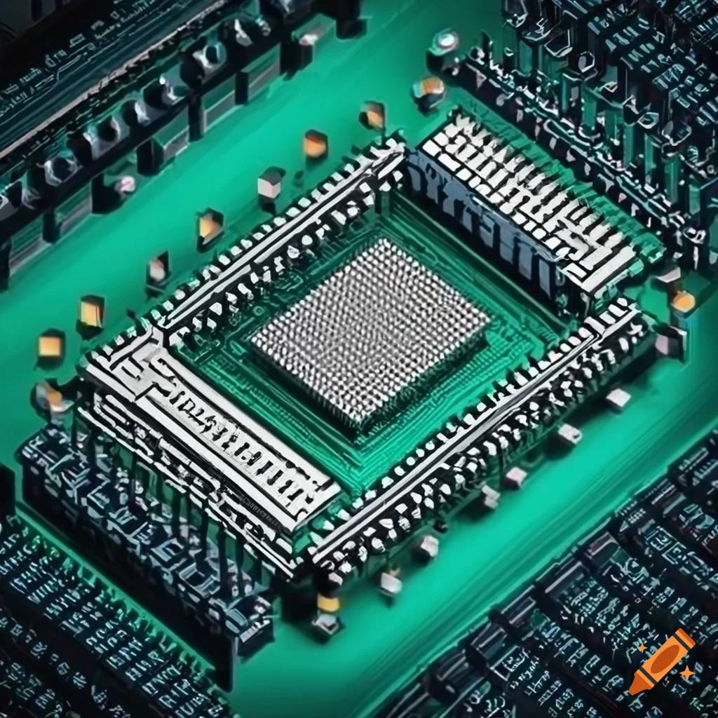 Isometric view of intricate and detailed computer pcb on Craiyon