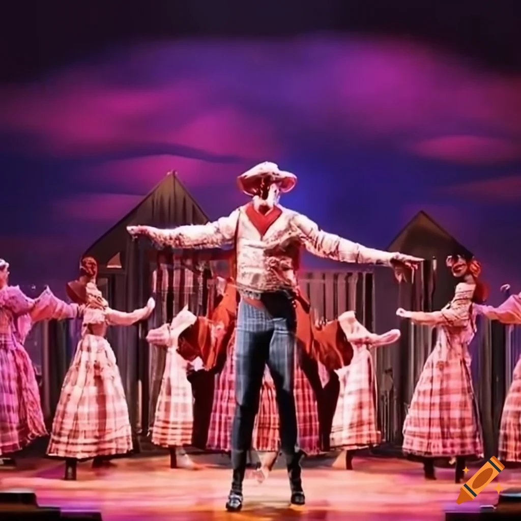 Theater performance with a large ensemble cast in a lively production ...