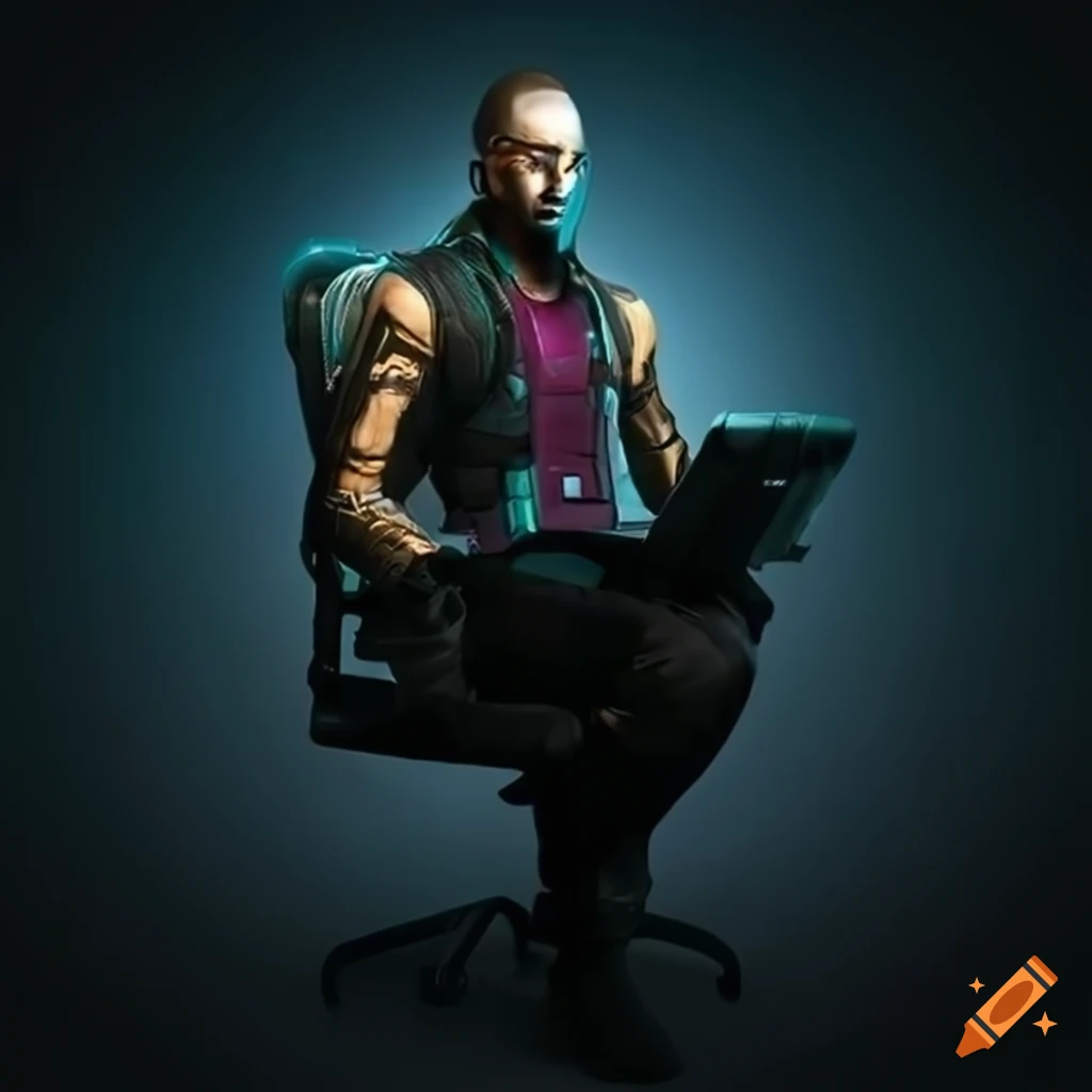 Cyberpunk coder sitting in a chair typing on keyboard on Craiyon