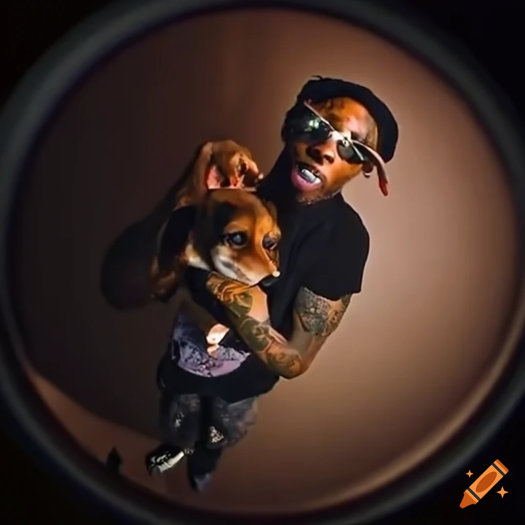 Rapper lil wayne holding a puppy up to the camera with fisheye lens ...