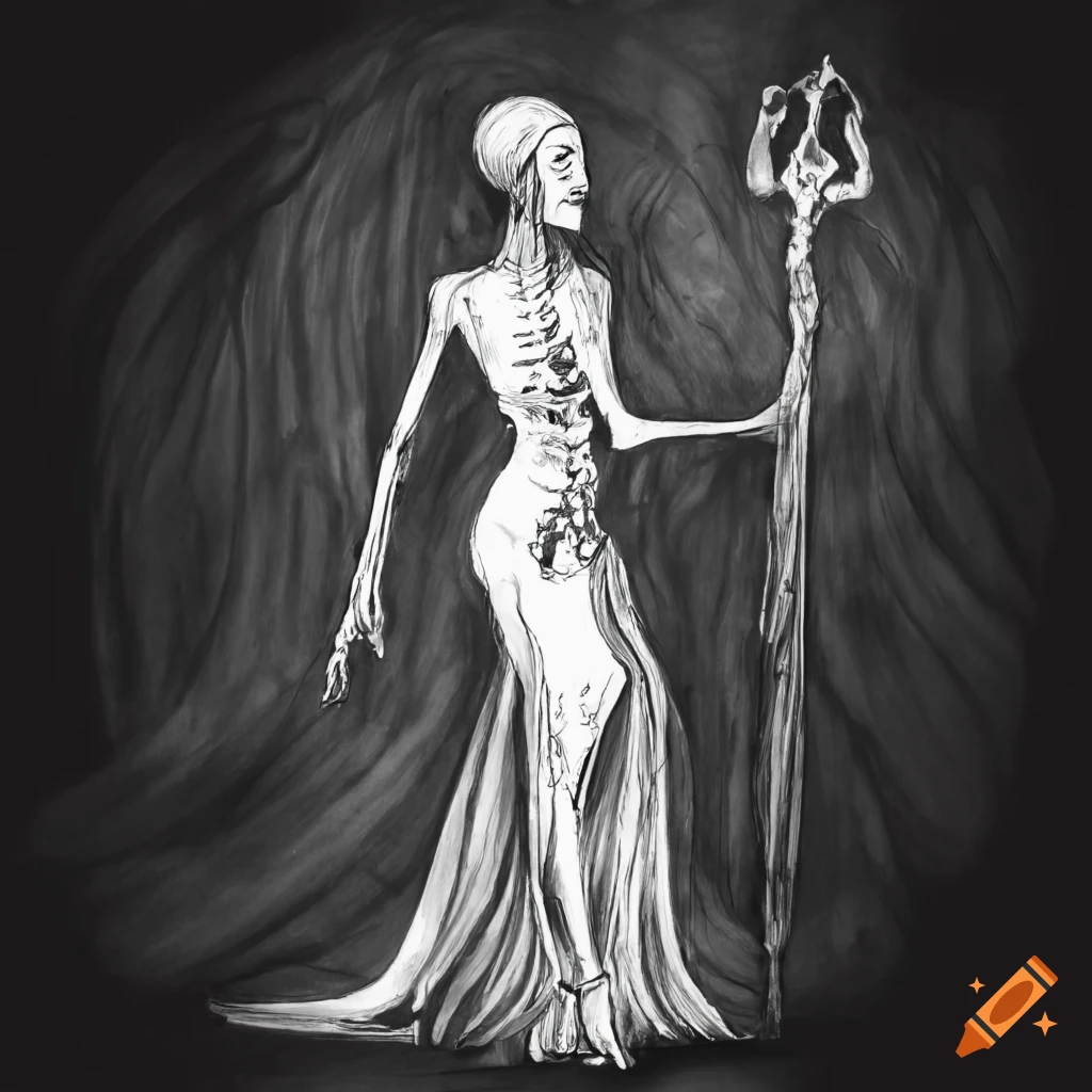 Detailed ink drawing of a spectral skeletal woman in an elegant dress ...