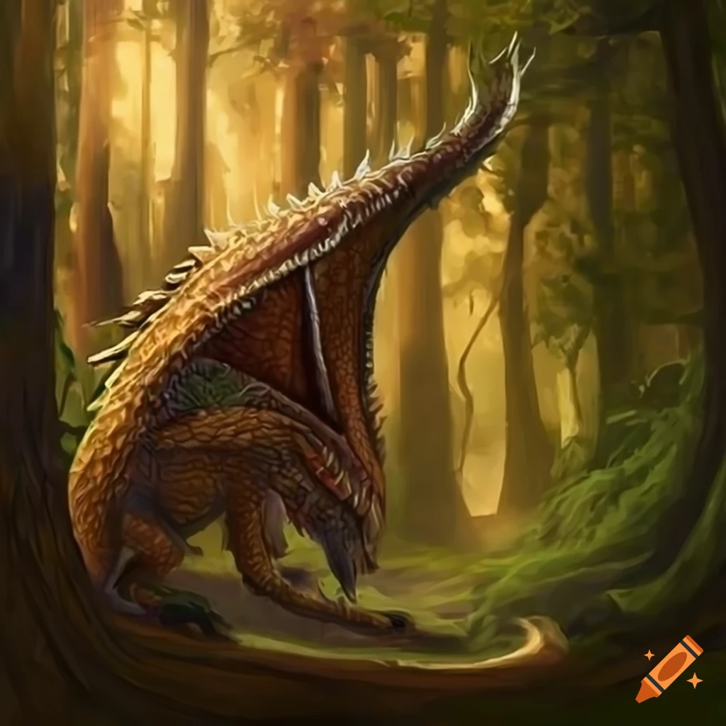 Brown dragon walking through a forest in a fantasy setting on Craiyon