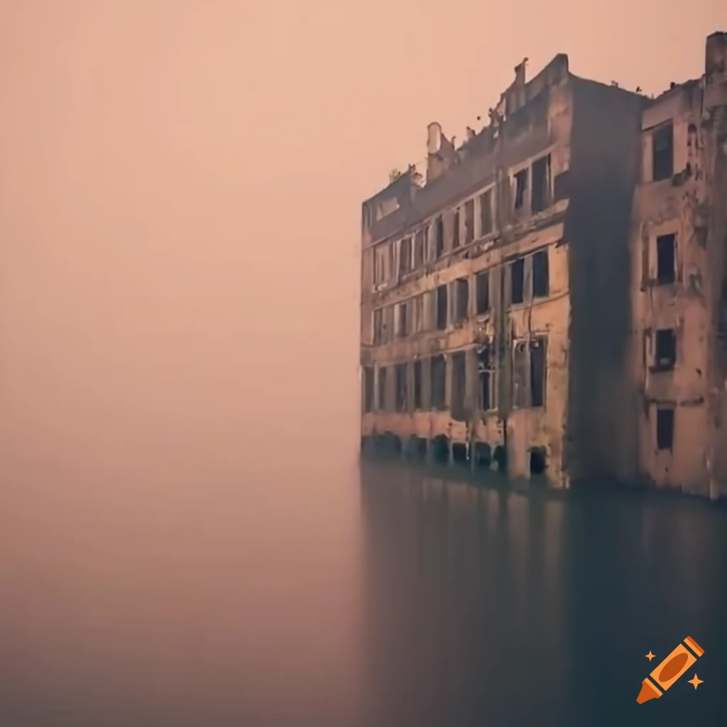 Close-up of crumbling abandoned buildings sinking into ocean in a pale ...