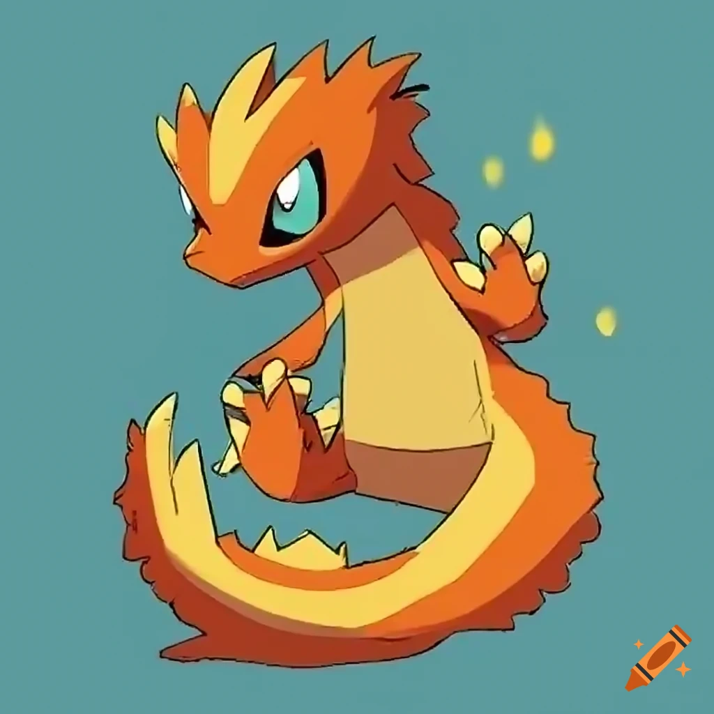 Emberling, a fiery-scaled lizard-like pokémon with a flame-tipped tail ...