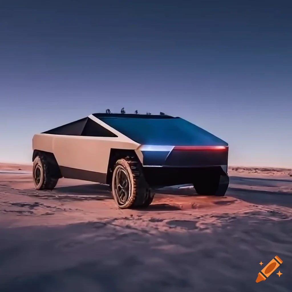 Tesla Cybertruck racing in the Mojave Desert on Craiyon