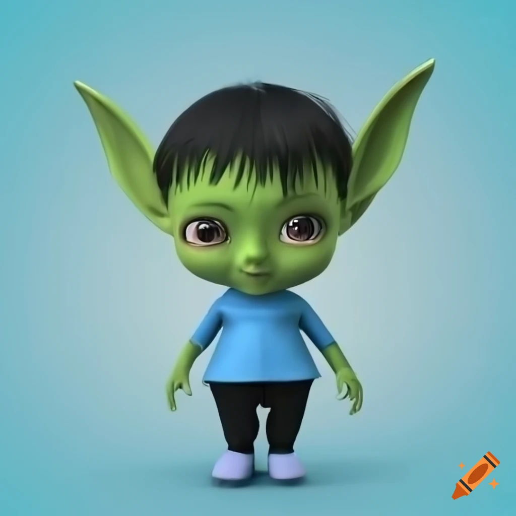 Cute baby goblin girl with green skin, black hair, and blue outfit in ...