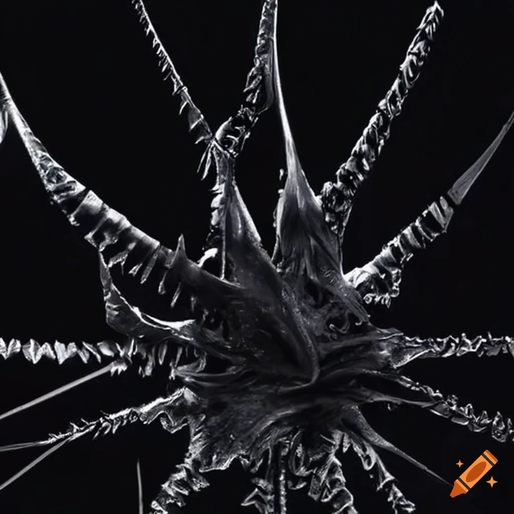 Liquid black spikes with robed figure in background on Craiyon