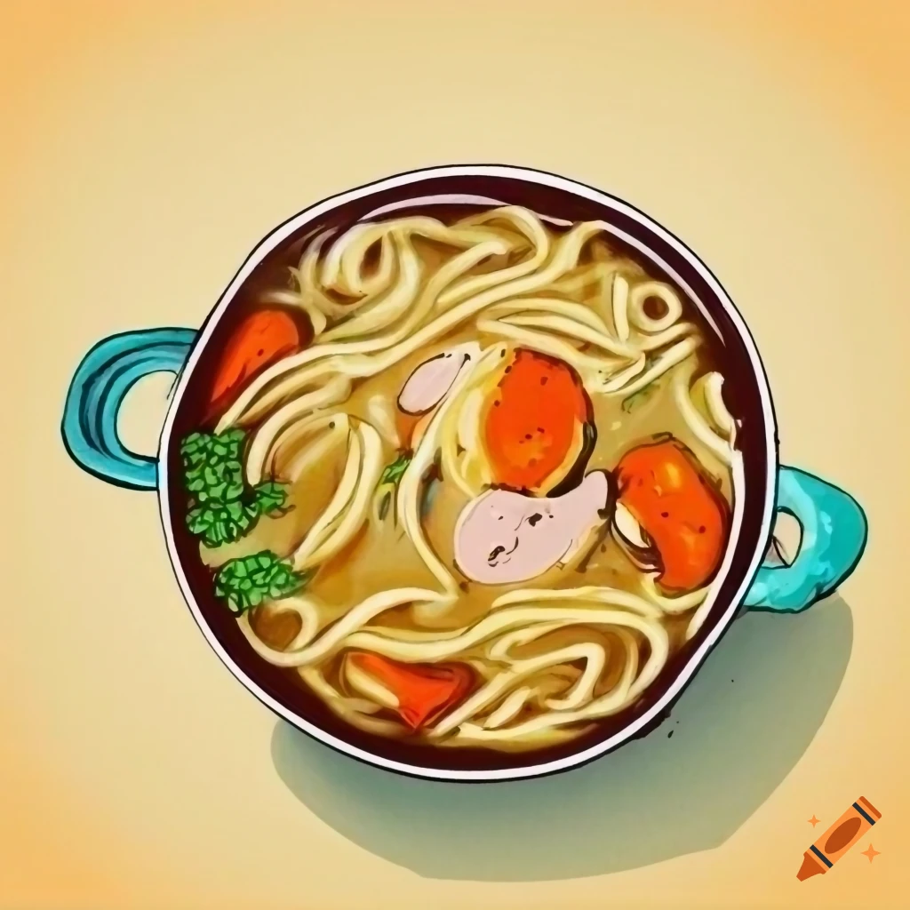 Chicken noodle soup on white background drawn with crayon in a comic ...