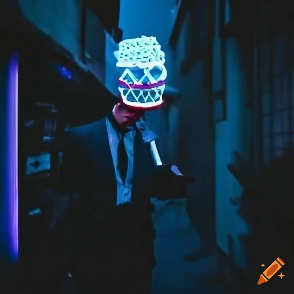 Futuristic detective with cake-shaped head in a neon-lit alleyway on ...